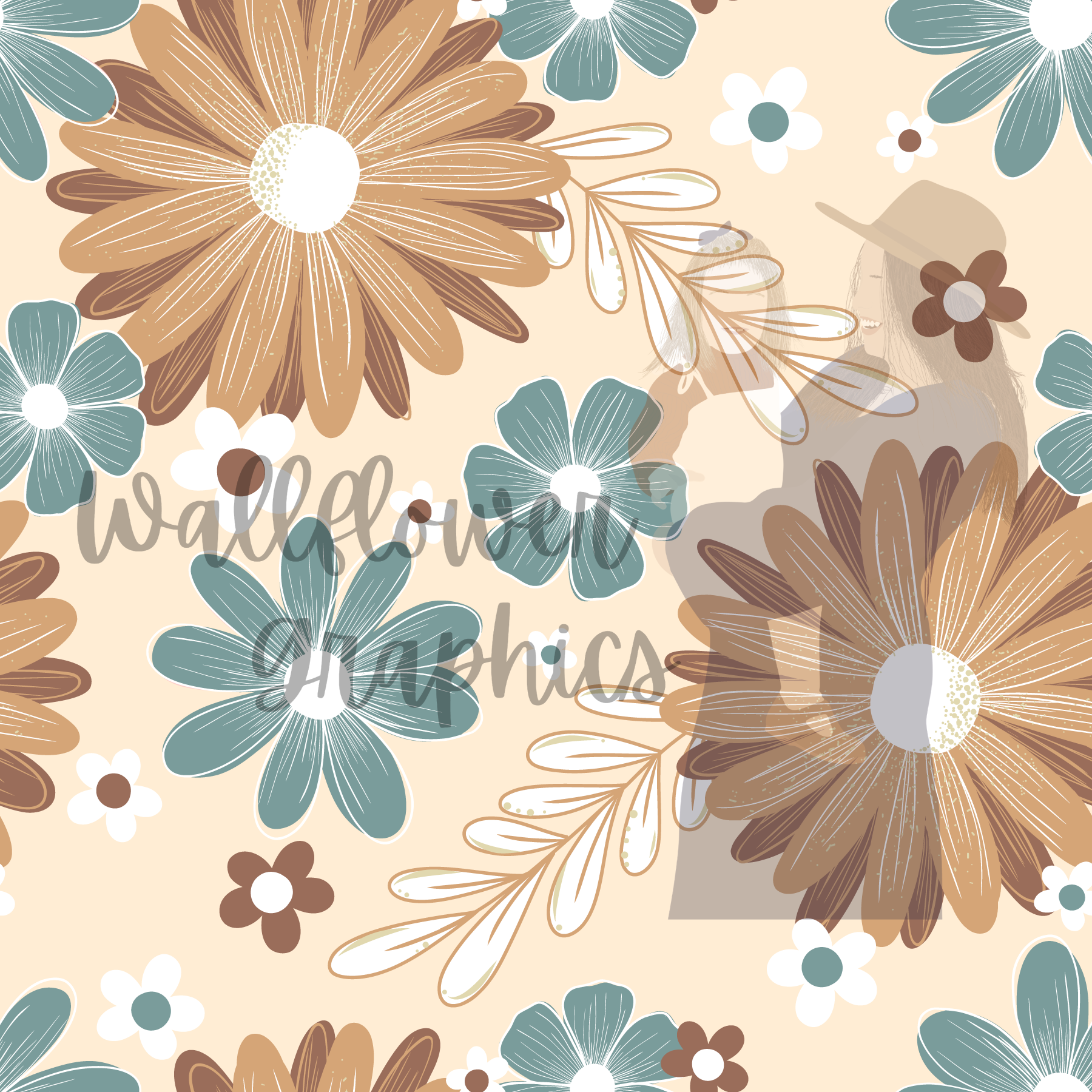 Brown and Blue Floral - Little Rays Fabric