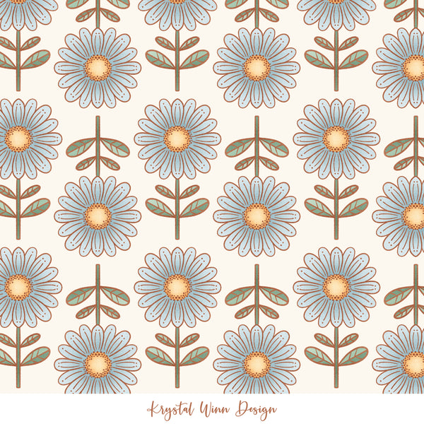 Cottontail Folk Flower Blue - Little Rays Fabric